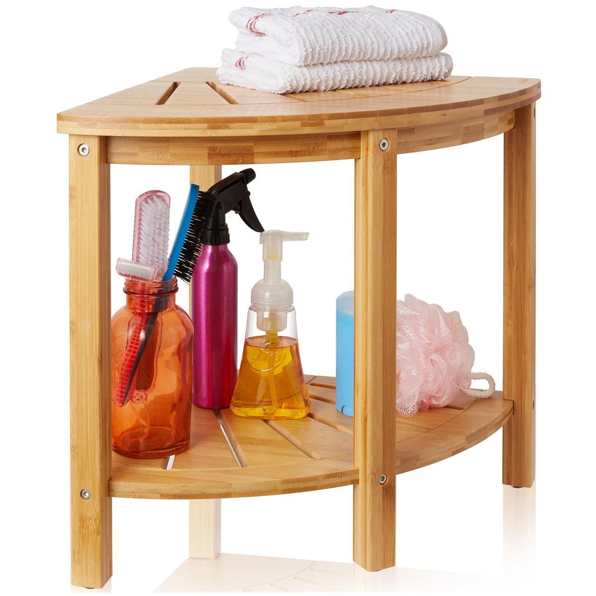 Bamboo Corner Bathroom Stool with Storage Shelf, 2-Tier Spa Bench ...